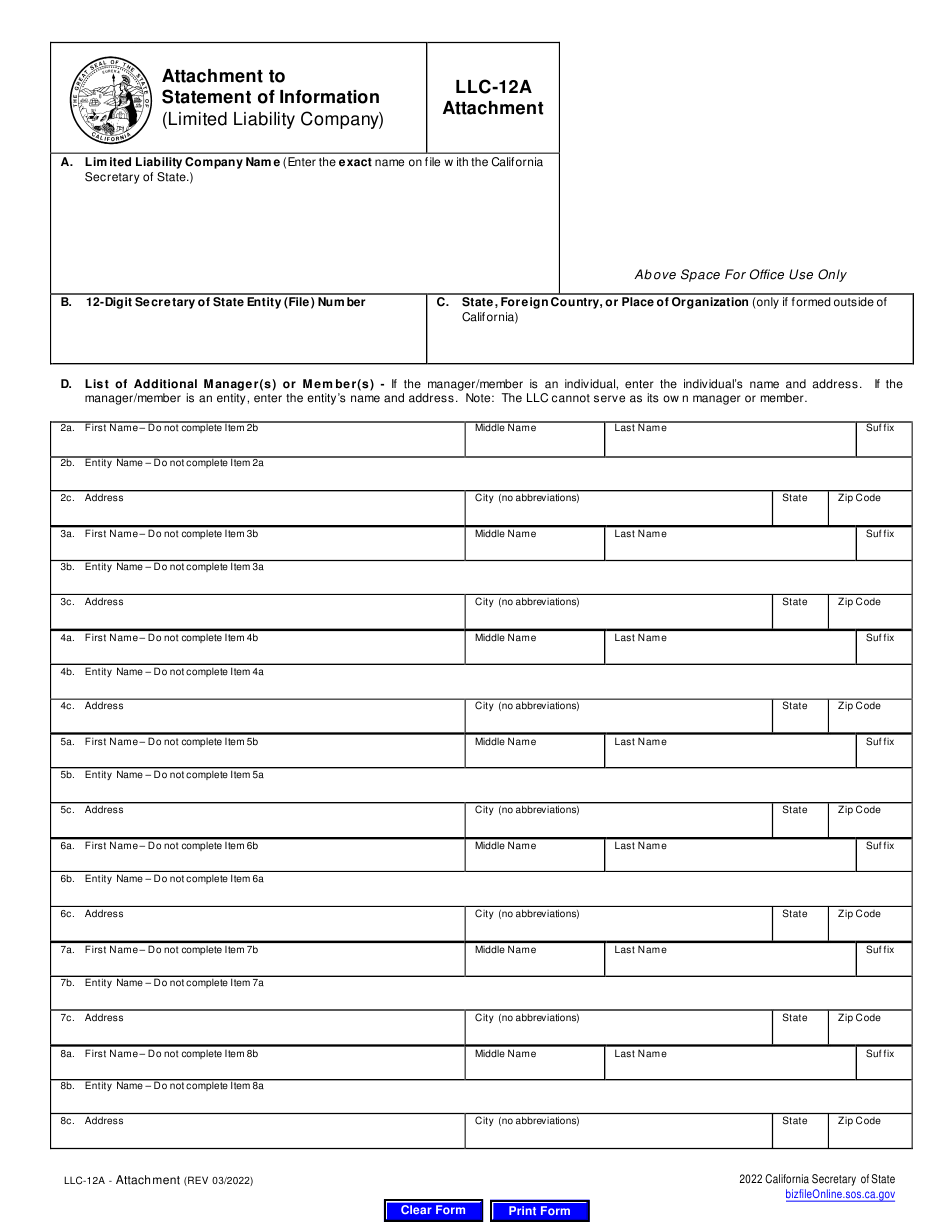 Form LLC-12A Download Fillable PDF or Fill Online Attachment to ...