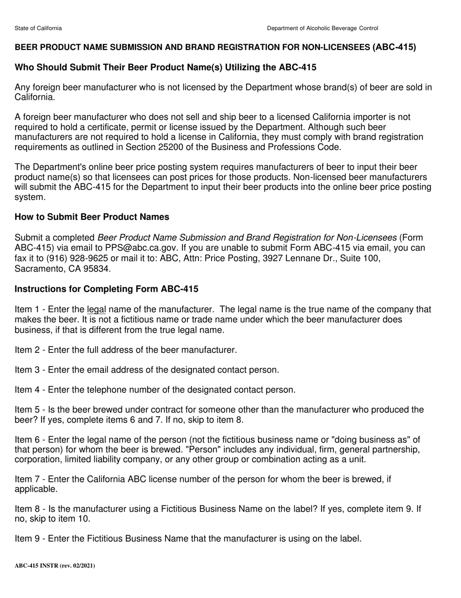 Download Instructions for Form ABC-415 Beer Product Name Submission and ...
