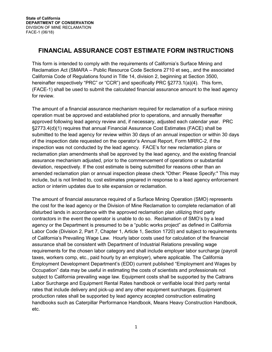 Download Instructions for Form FACE-1 Financial Assurance Cost Estimate ...