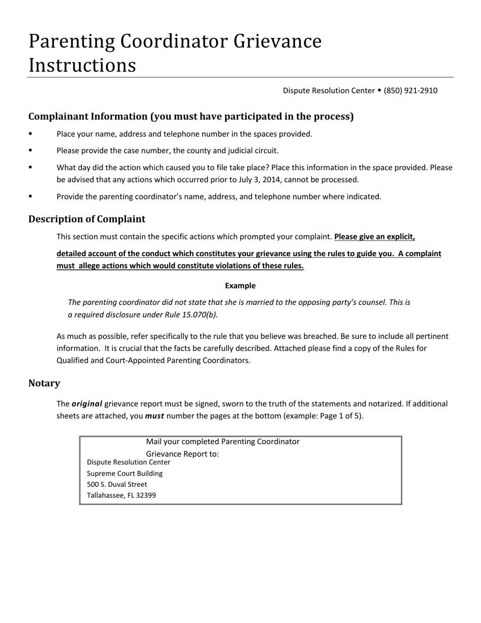 Florida Parenting Coordinator Grievance Report - Fill Out, Sign Online and Download PDF ...