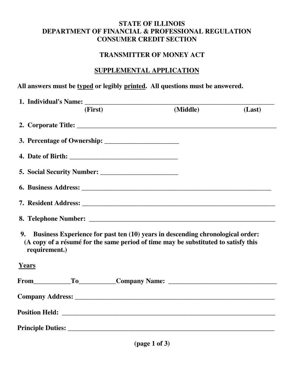 Illinois Transmitter of Money Act Supplemental Application - Fill Out ...