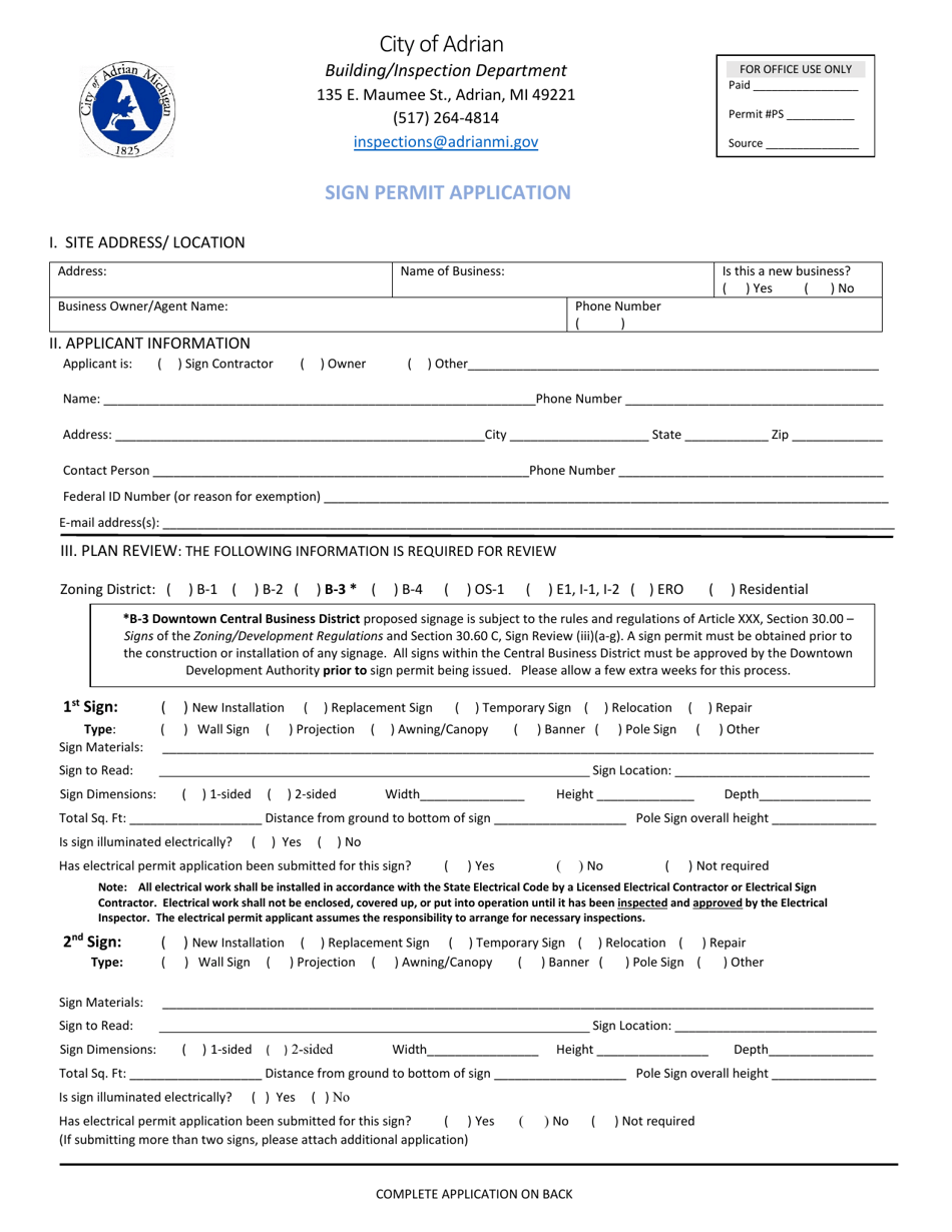 City of Adrian, Michigan Sign Permit Application - Fill Out, Sign ...