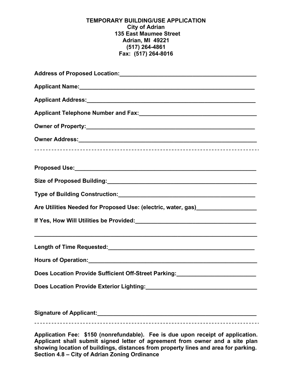 City of Adrian, Michigan Temporary Building/Use Application - Fill Out ...
