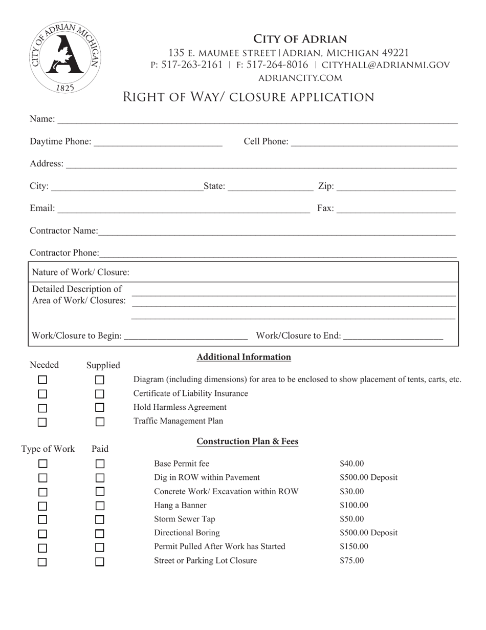 City of Adrian, Michigan Right of Way/Closure Application - Fill Out ...