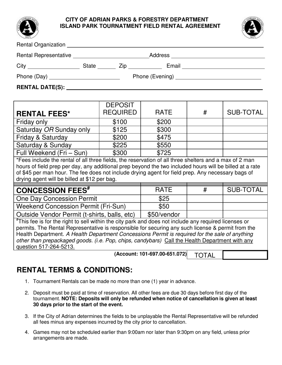 City of Adrian, Michigan Island Park Tournatment Field Rental Agreement ...