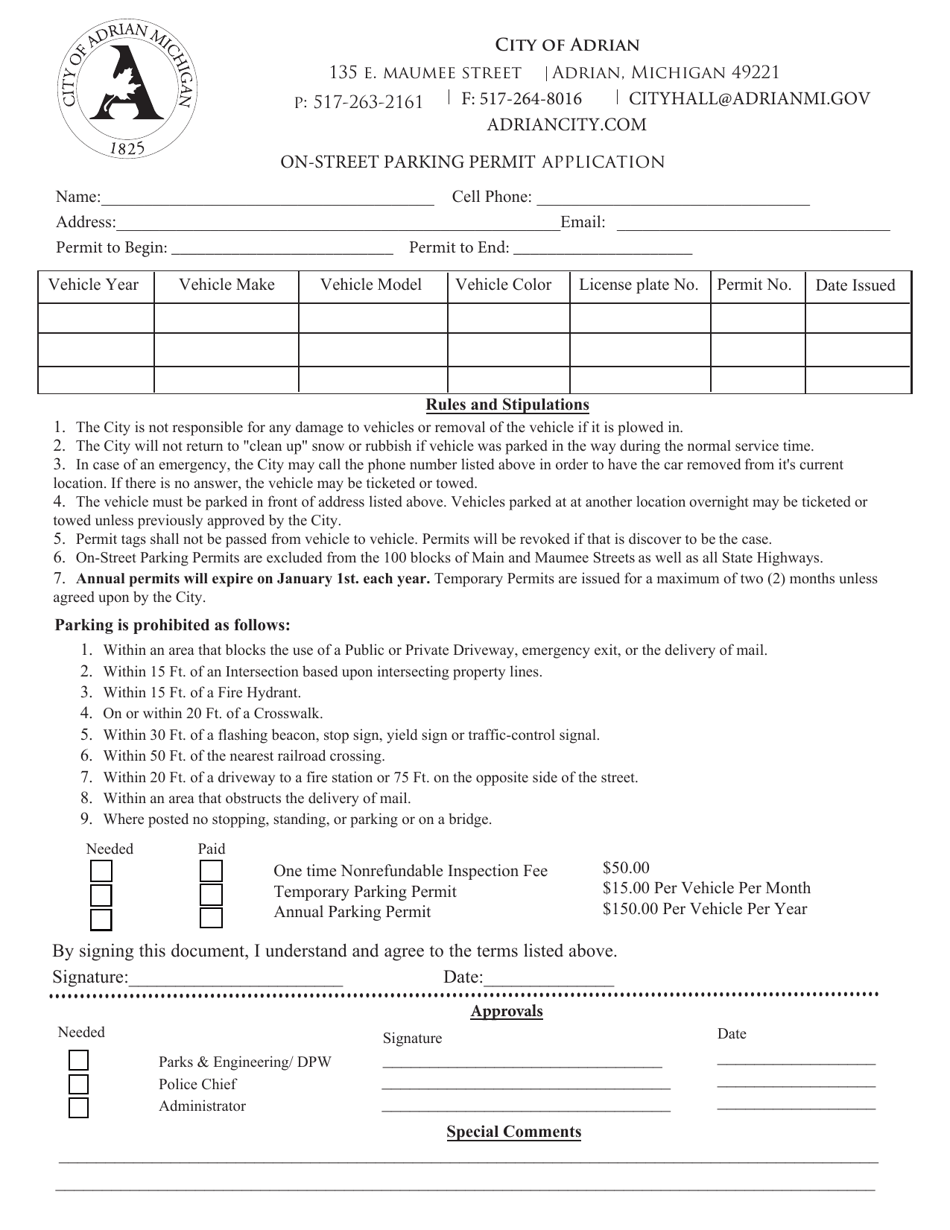 City of Adrian, Michigan On-Street Parking Permit Application - Fill ...