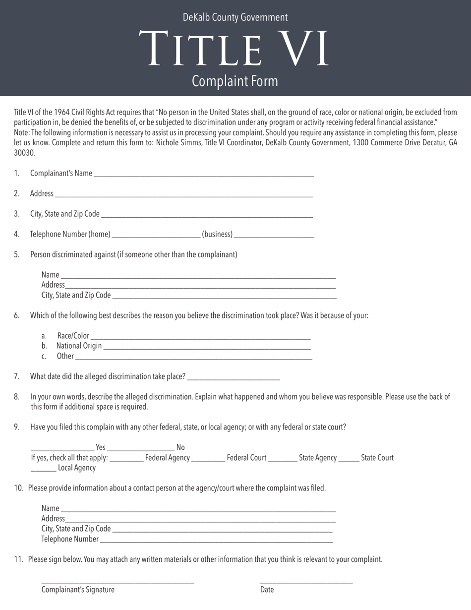 DeKalb County, Georgia (United States) Title VI Complaint Form - Fill ...