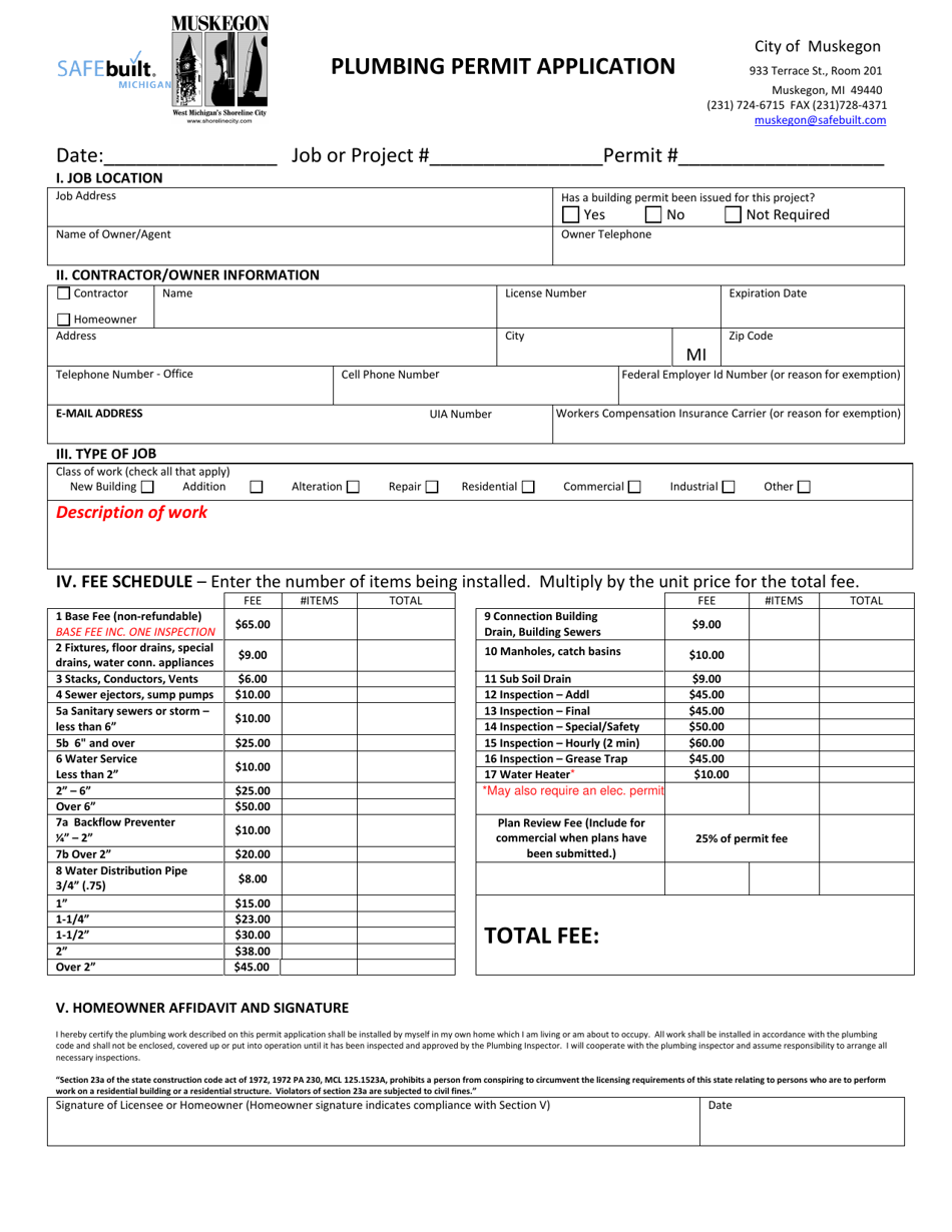 City of Muskegon, Michigan Plumbing Permit Application - Fill Out, Sign ...