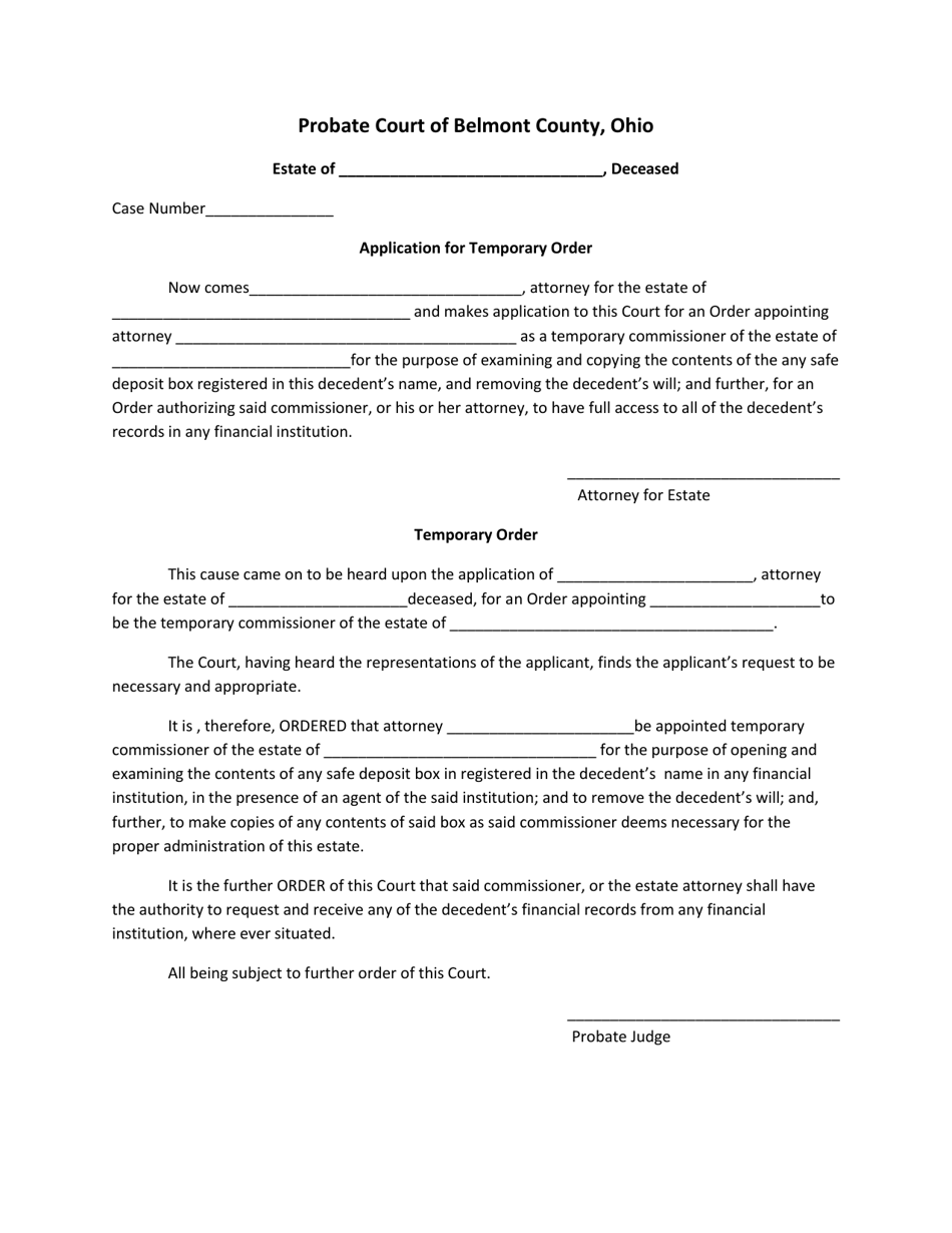 Belmont County, Ohio Application for Temporary Order - Fill Out, Sign ...