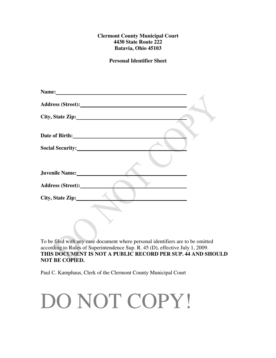 Village of Batavia, Ohio Personal Identifier Sheet - Fill Out, Sign ...