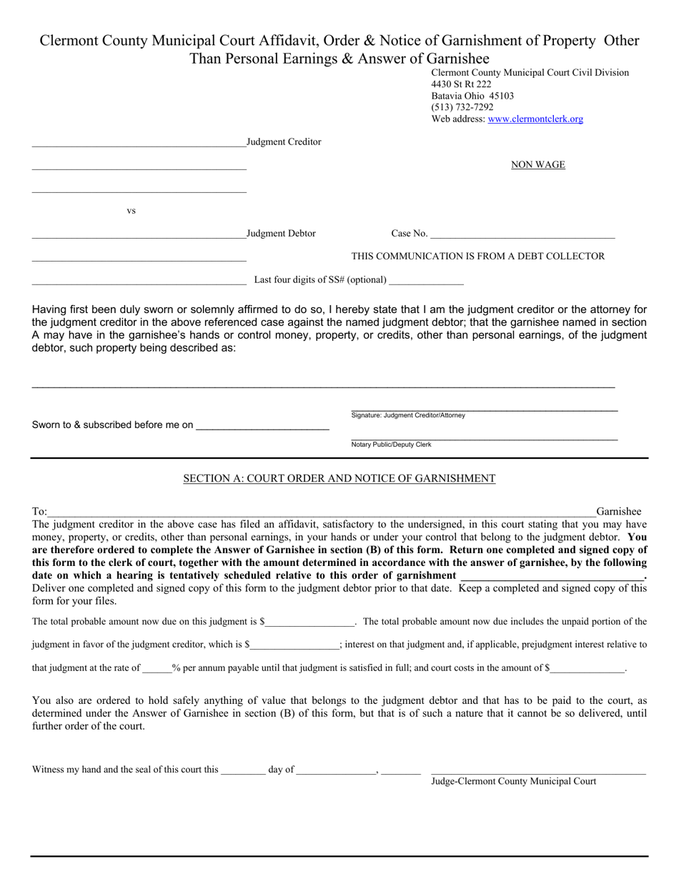 Village of Batavia, Ohio Affidavit, Order & Notice of Garnishment of ...