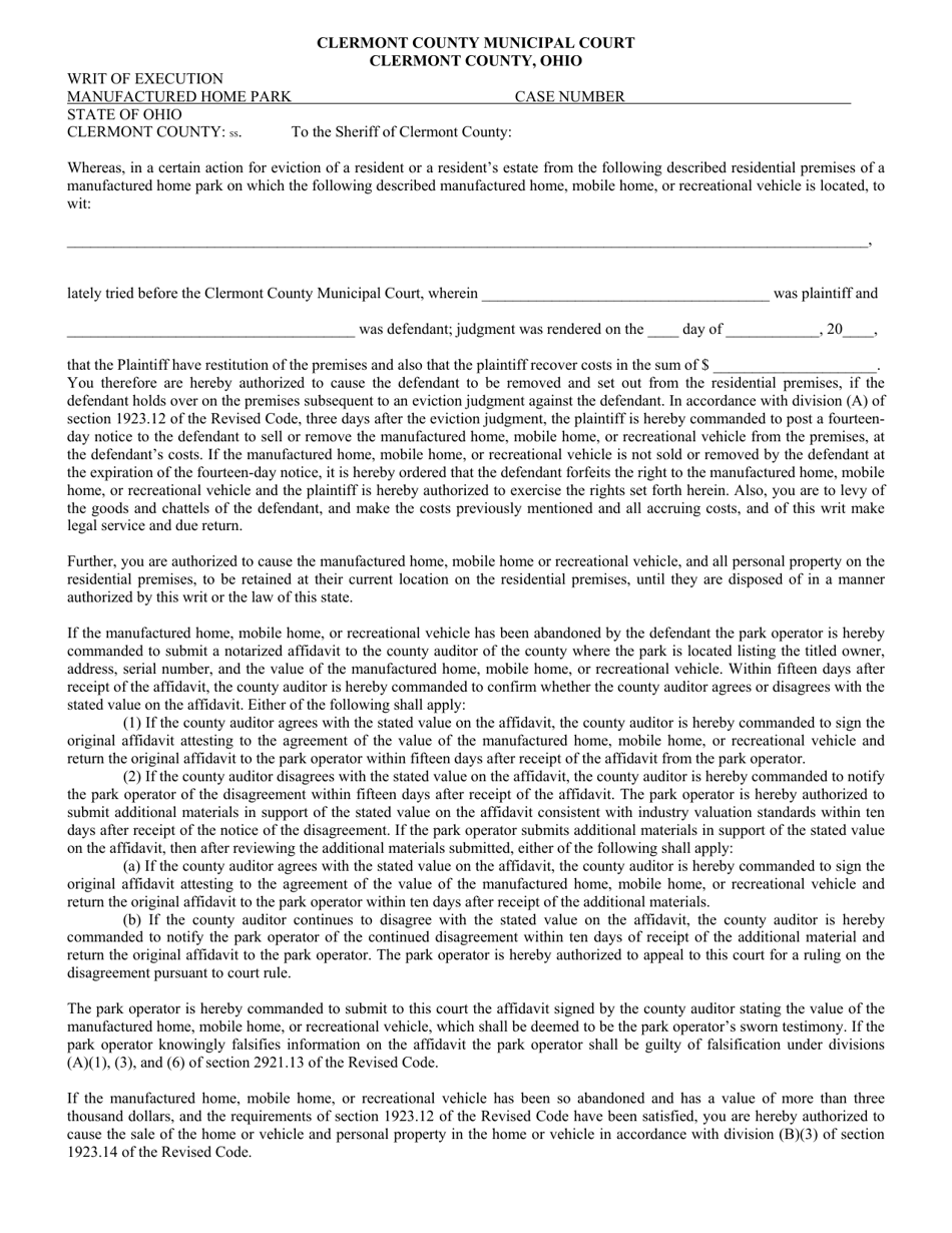 Clermont County, Ohio Writ of Execution Manufactured Home Park - Fill ...
