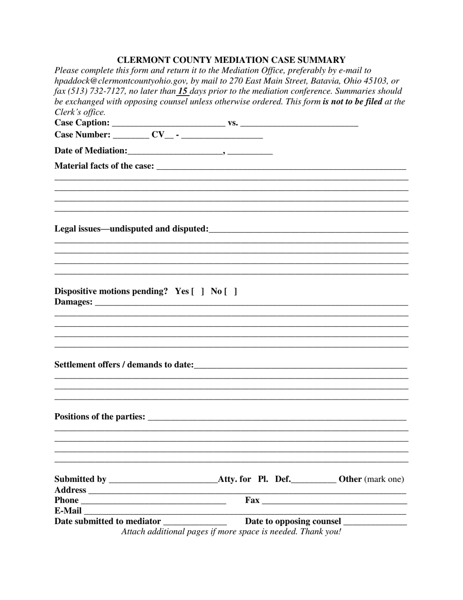 Clermont County, Ohio Mediation Case Summary - Fill Out, Sign Online and Download PDF ...