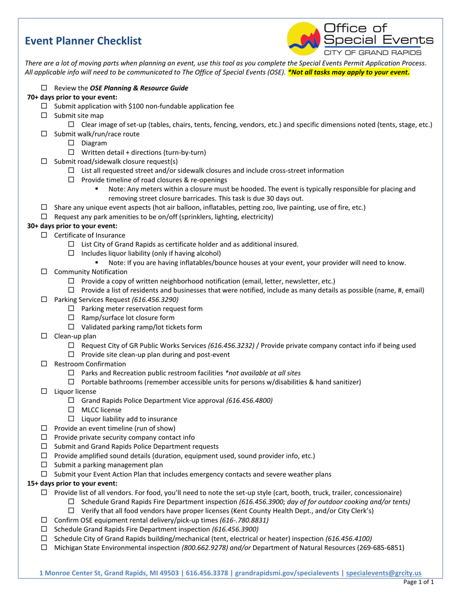 City of Grand Rapids, Michigan Event Planner Checklist Download ...