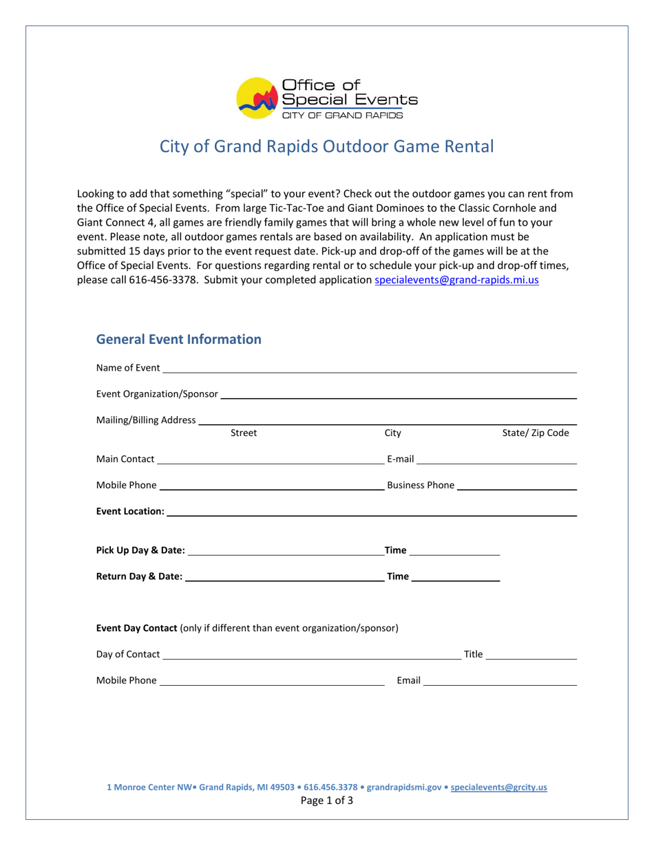 City of Grand Rapids, Michigan Outdoor Game Rental - Fill Out, Sign ...