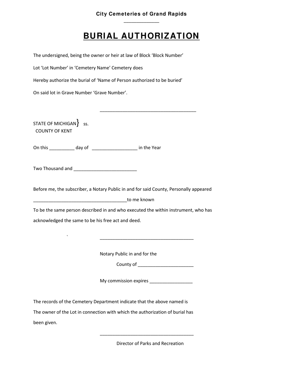 City of Grand Rapids, Michigan Burial Authorization - Fill Out, Sign ...