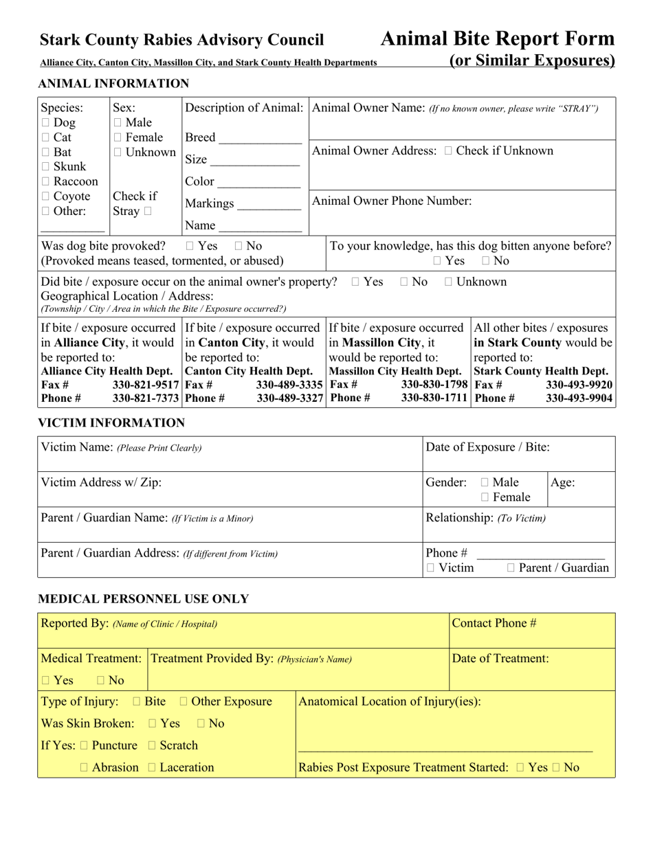 City of Canton, Ohio Animal Bite Report Form (Or Similar Exposures ...