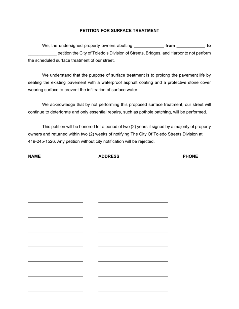 City of Toledo, Ohio Petition for Surface Treatment - Fill Out, Sign ...