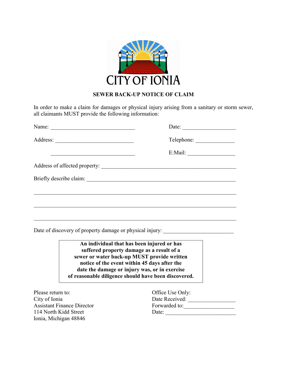 City of Ionia, Michigan Sewer Back-Up Notice of Claim - Fill Out, Sign ...