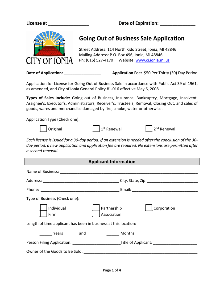 City of Ionia, Michigan Going out of Business Sale Application - Fill ...