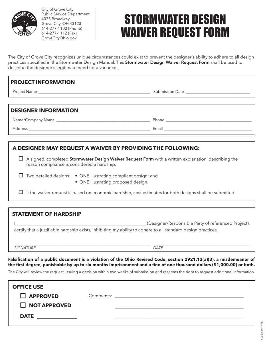 Grove City, Ohio Stormwater Design Waiver Request Form - Fill Out, Sign ...
