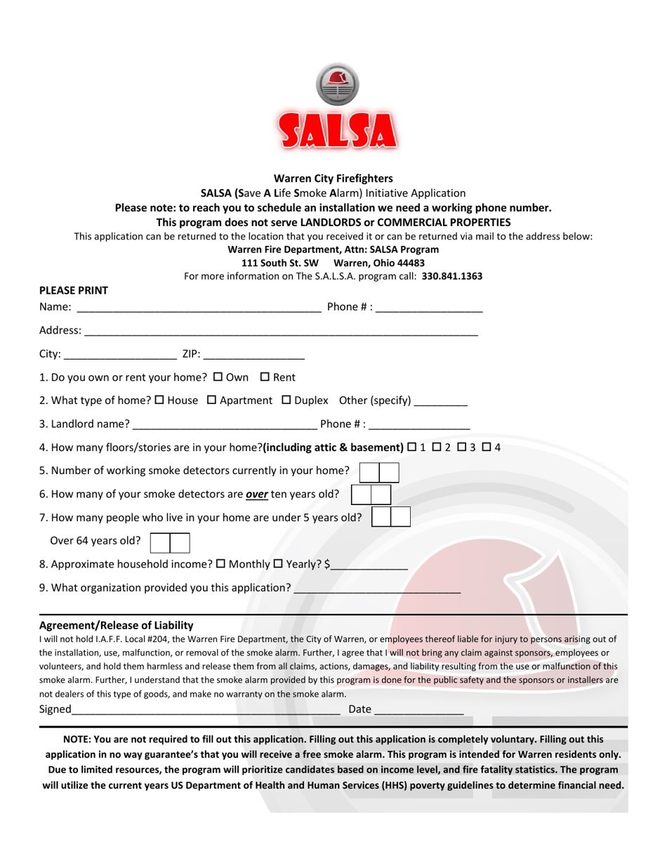 City of Warren, Ohio Salsa (Save a Life Smoke Alarm) Initiative Application - Fill Out, Sign ...
