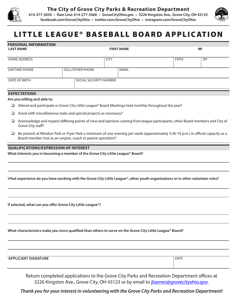 Grove City, Ohio Little League Baseball Board Application - Fill Out ...