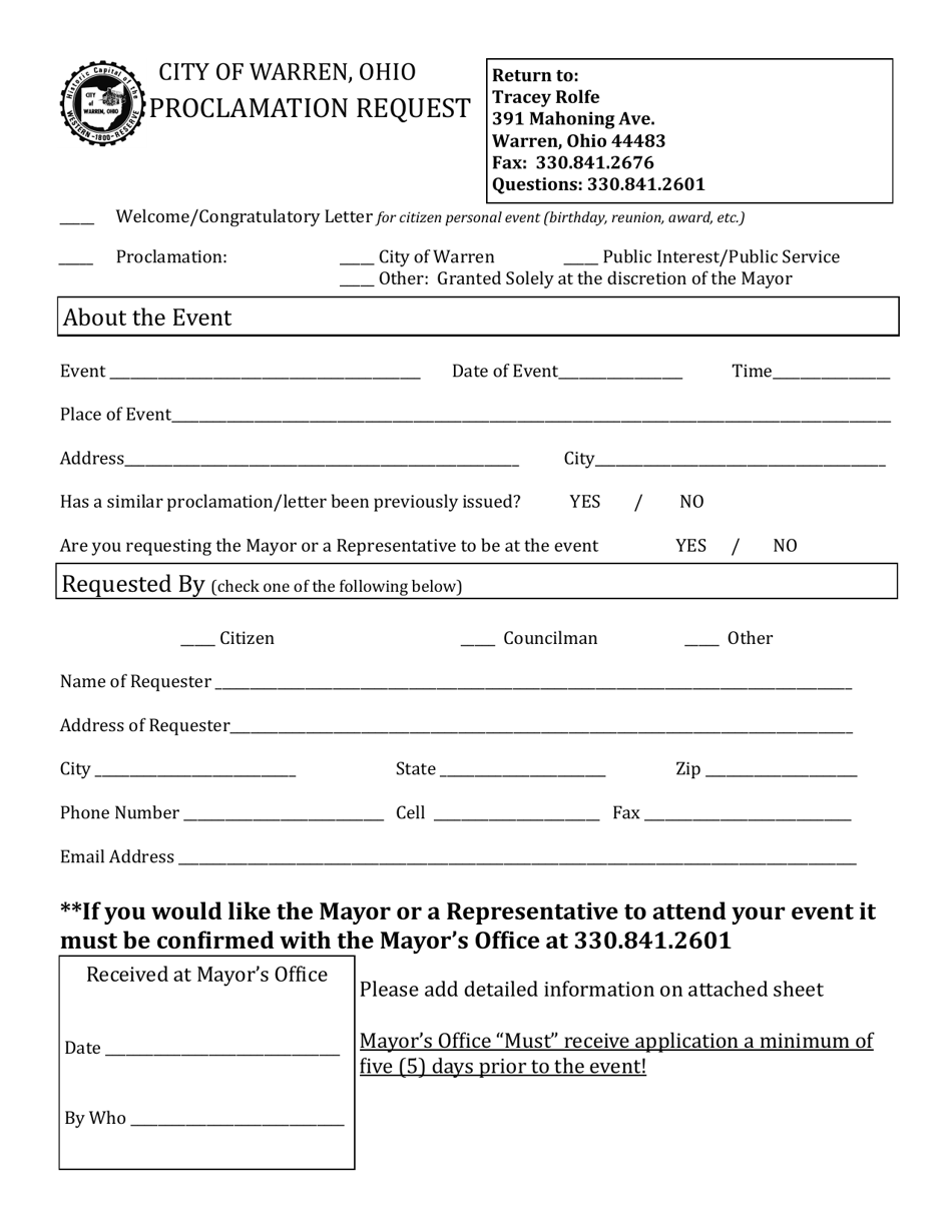 City of Warren, Ohio Proclamation Request - Fill Out, Sign Online and ...