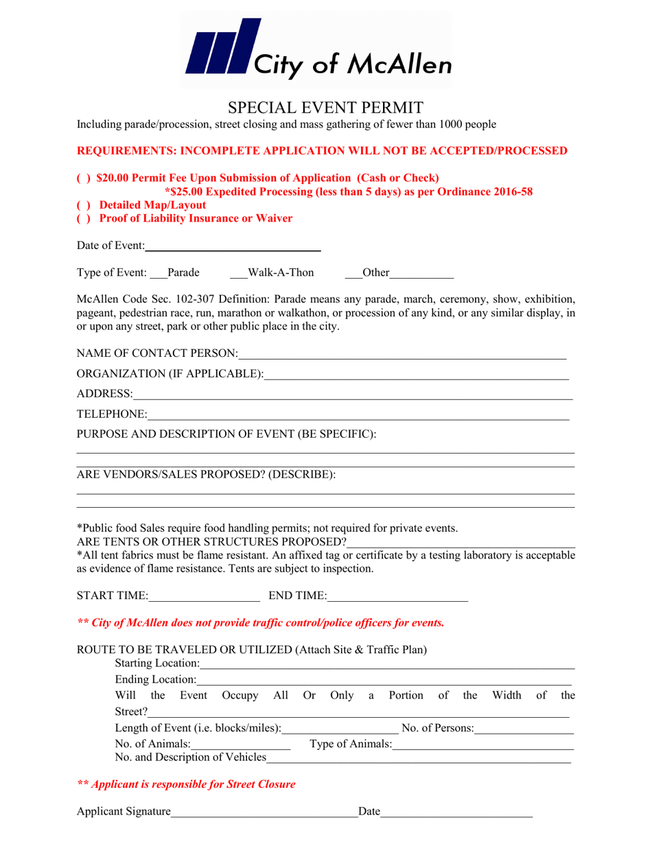 City of McAllen, Texas Special Event Permit - Fill Out, Sign Online and ...