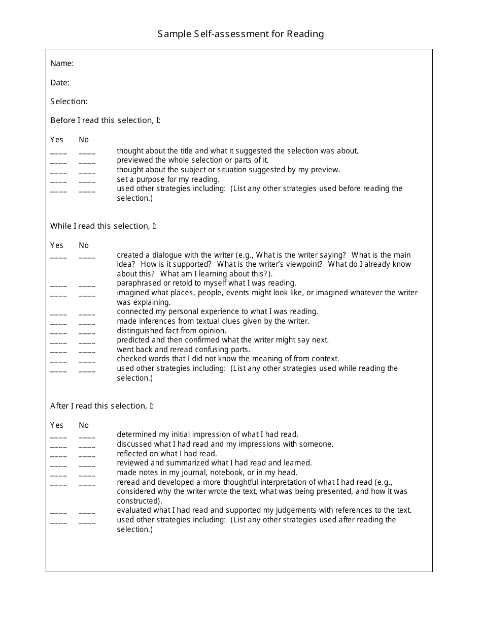 Reading Self assessment Template Download Printable PDF Templateroller