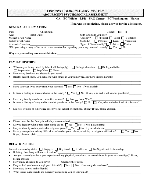 Adolescent Psychosocial Assessment Form - List Psychological Services ...