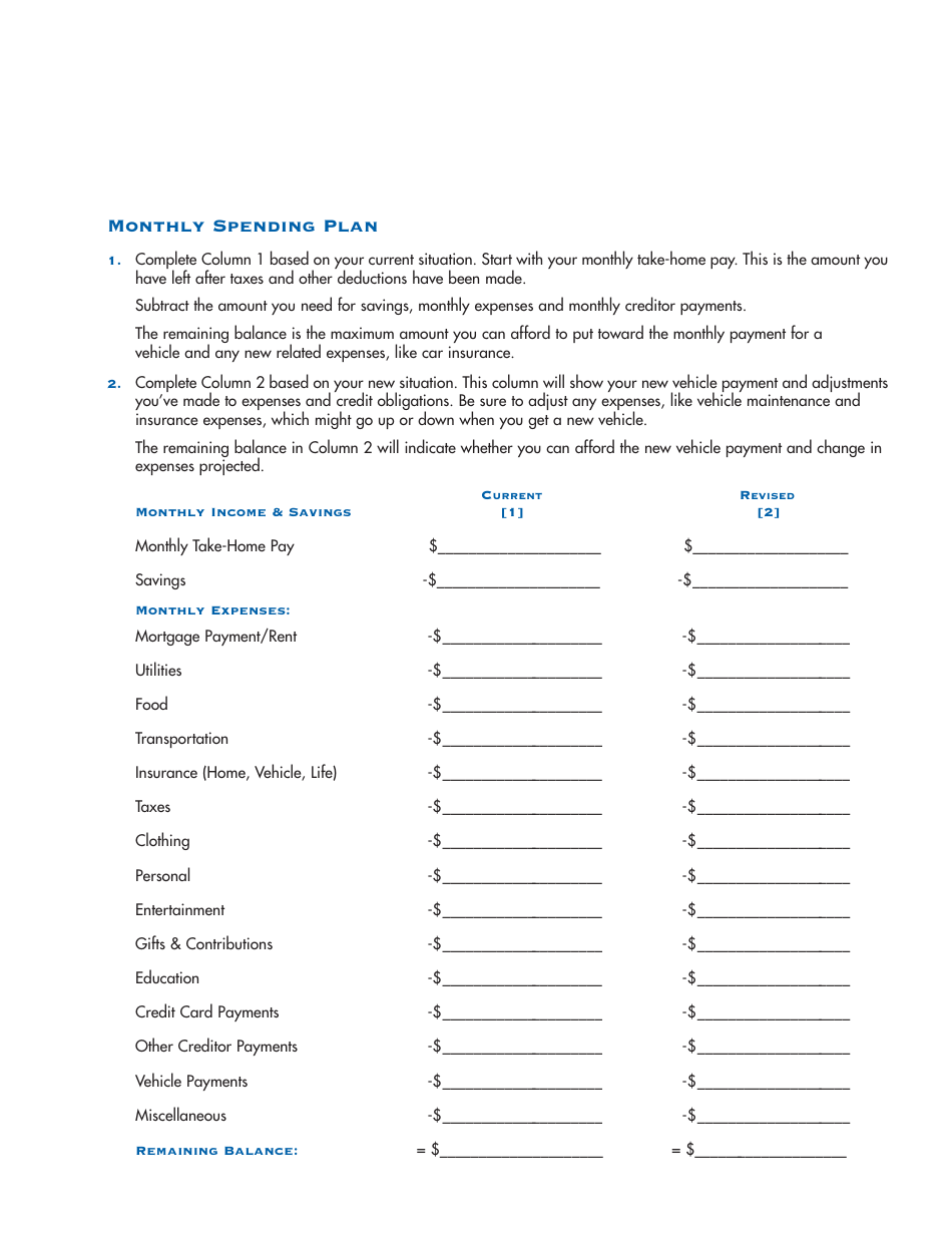 Monthly Spending Plan Form - Fill Out, Sign Online and Download PDF ...