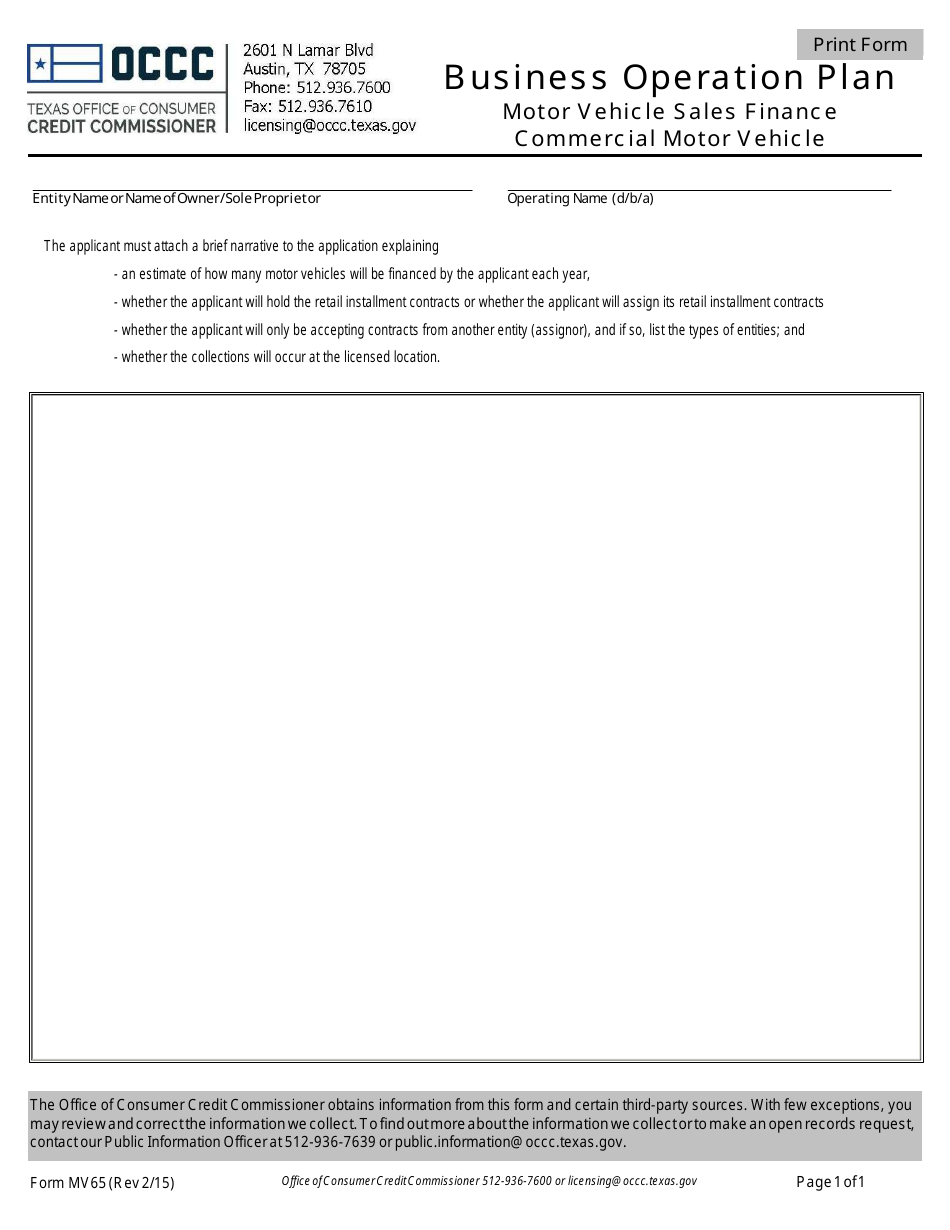 Form MV65 - Fill Out, Sign Online and Download Fillable PDF, Austin ...