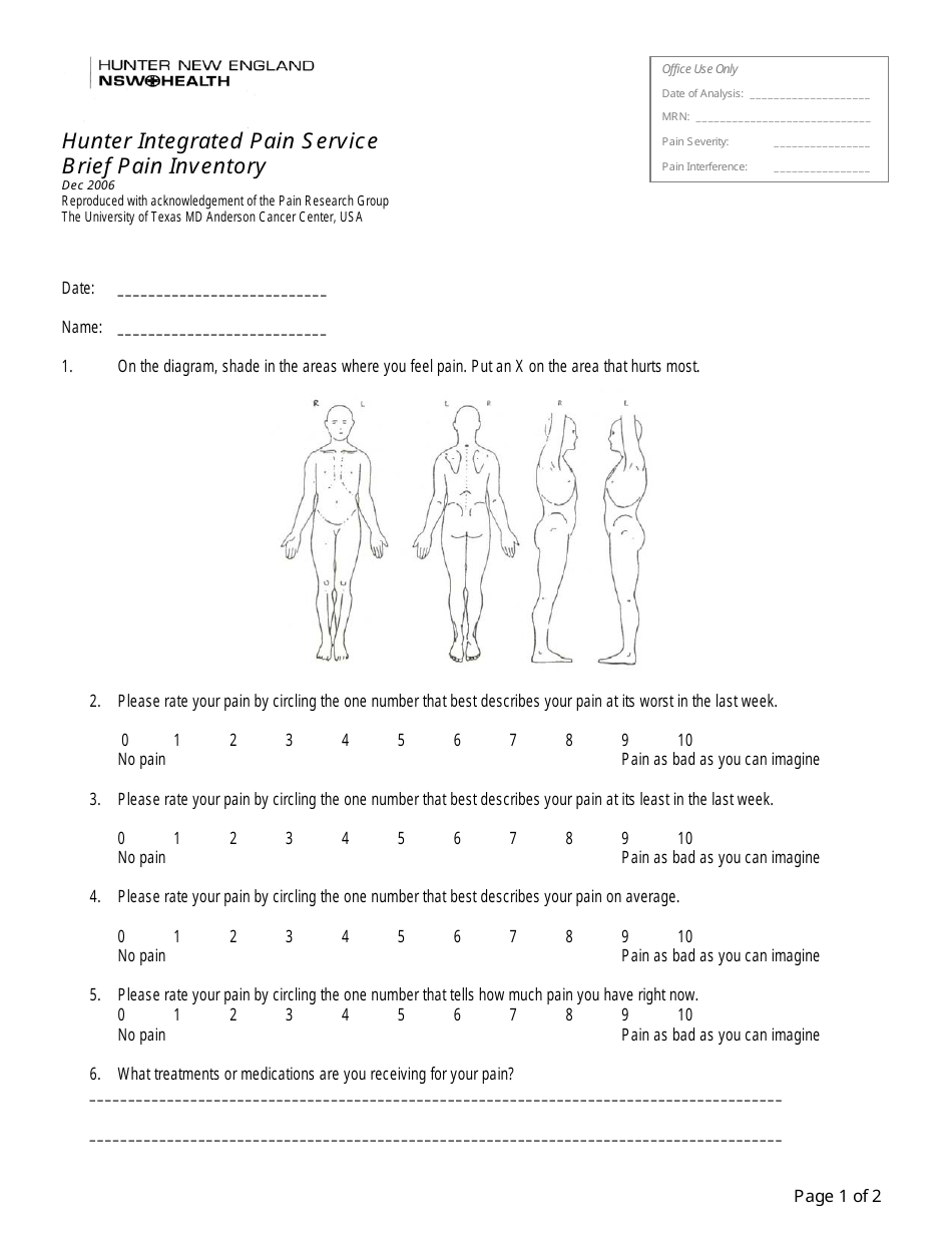 Brief Pain Inventory Assessment Template - Hunter Integrated Pain ...