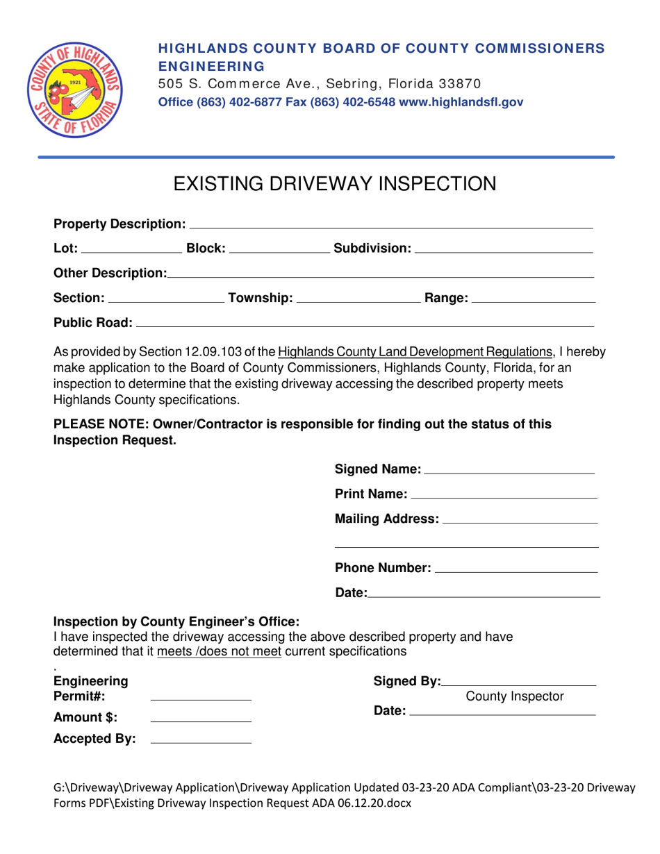Highlands County, Florida Existing Driveway Inspection - Fill Out, Sign ...