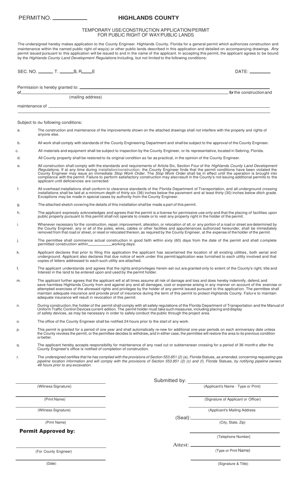 Highlands County, Florida Temporary Use/Construction Application/Permit ...