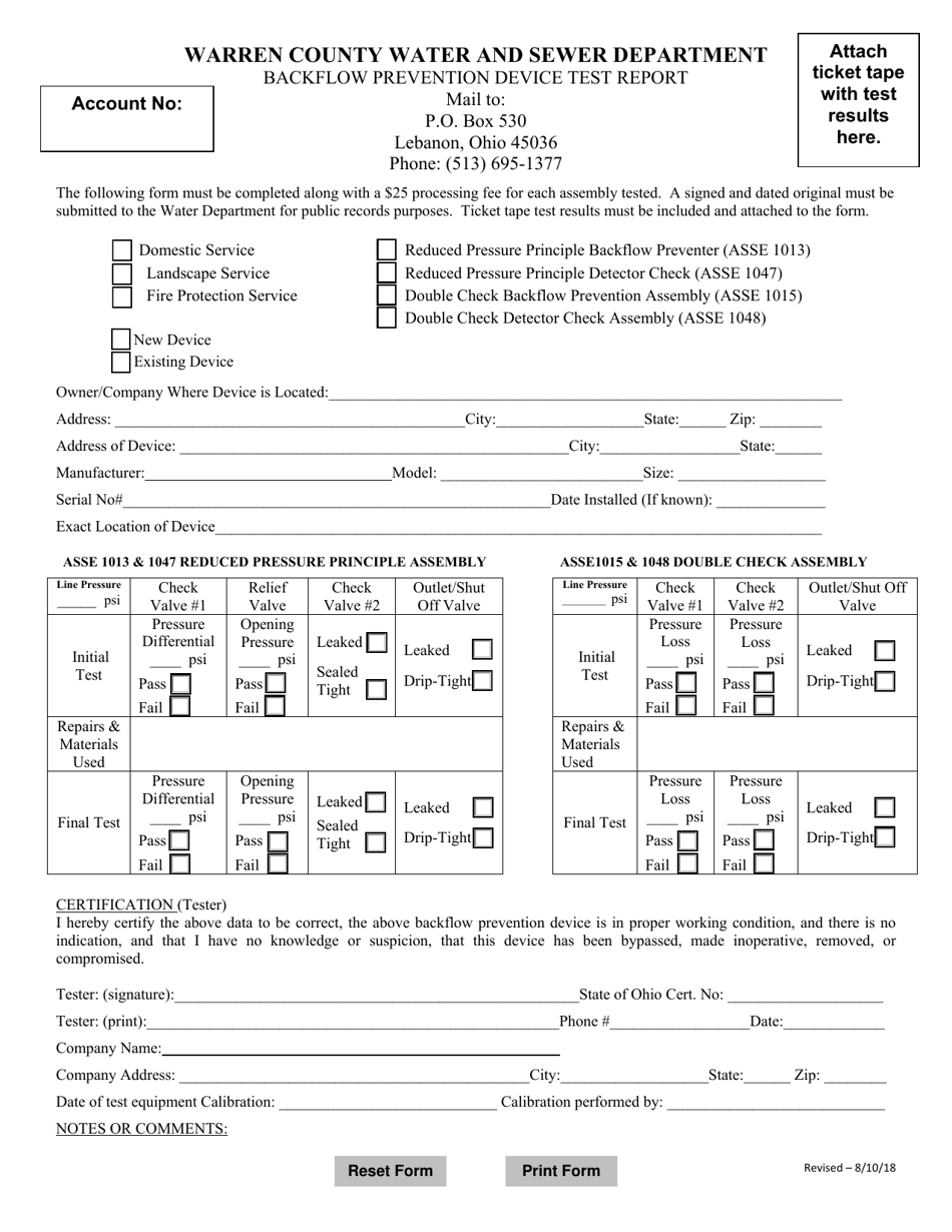 Warren County, Ohio Backflow Prevention Device Test Report - Fill Out ...