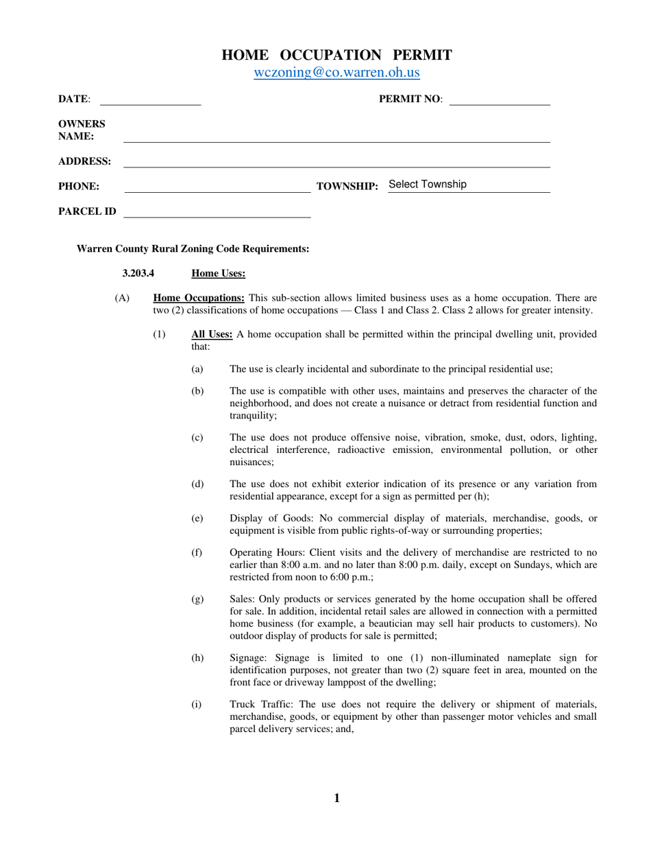 Warren County, Ohio Home Occupation Permit - Fill Out, Sign Online and ...