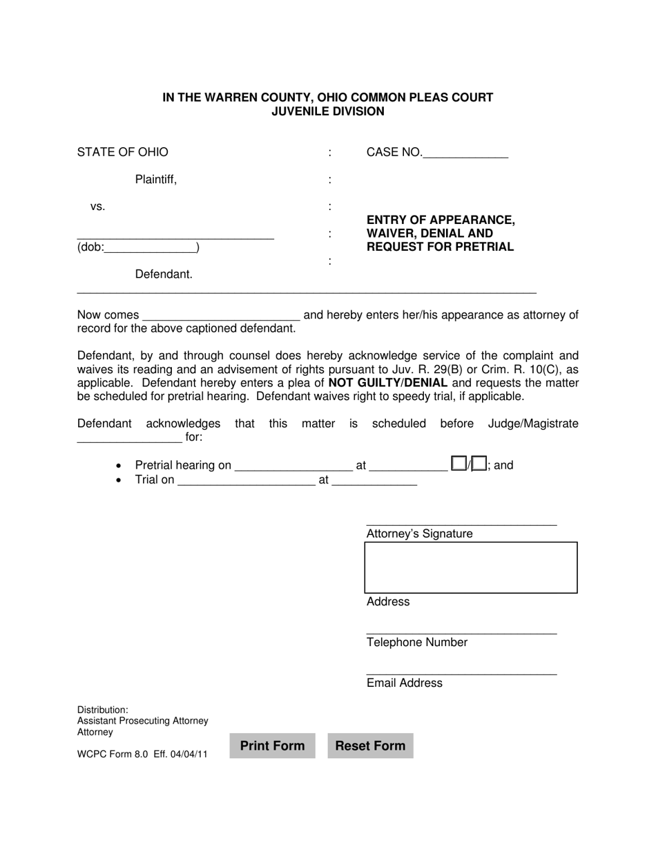 WCJC Form 8.0 - Fill Out, Sign Online and Download Fillable PDF, Warren ...