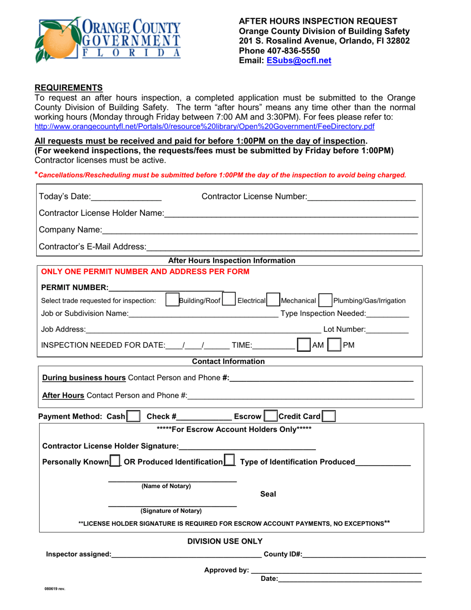 Orange County, Florida After Hours Inspection Request - Fill Out, Sign ...