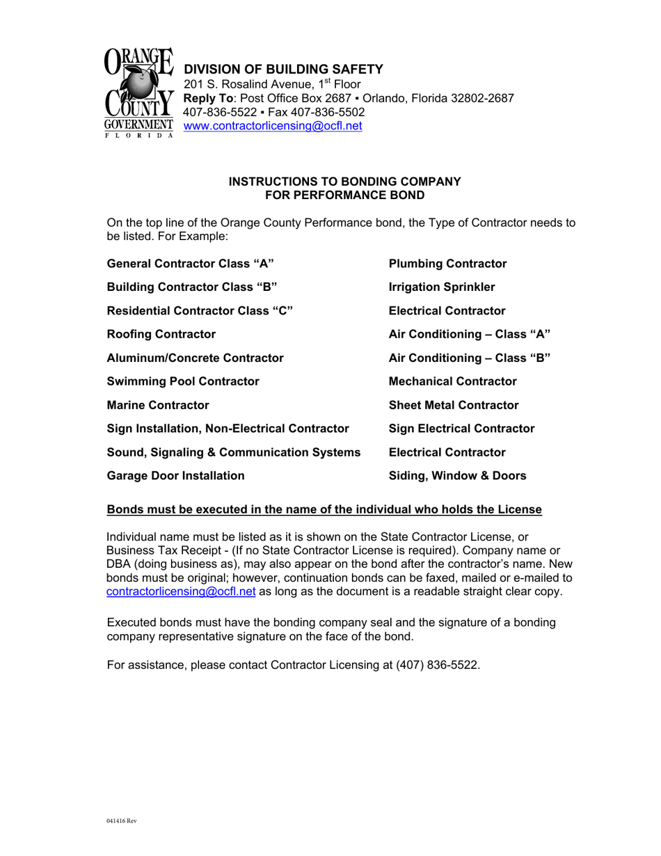 Orange County, Florida Performance Bond - Fill Out, Sign Online and ...