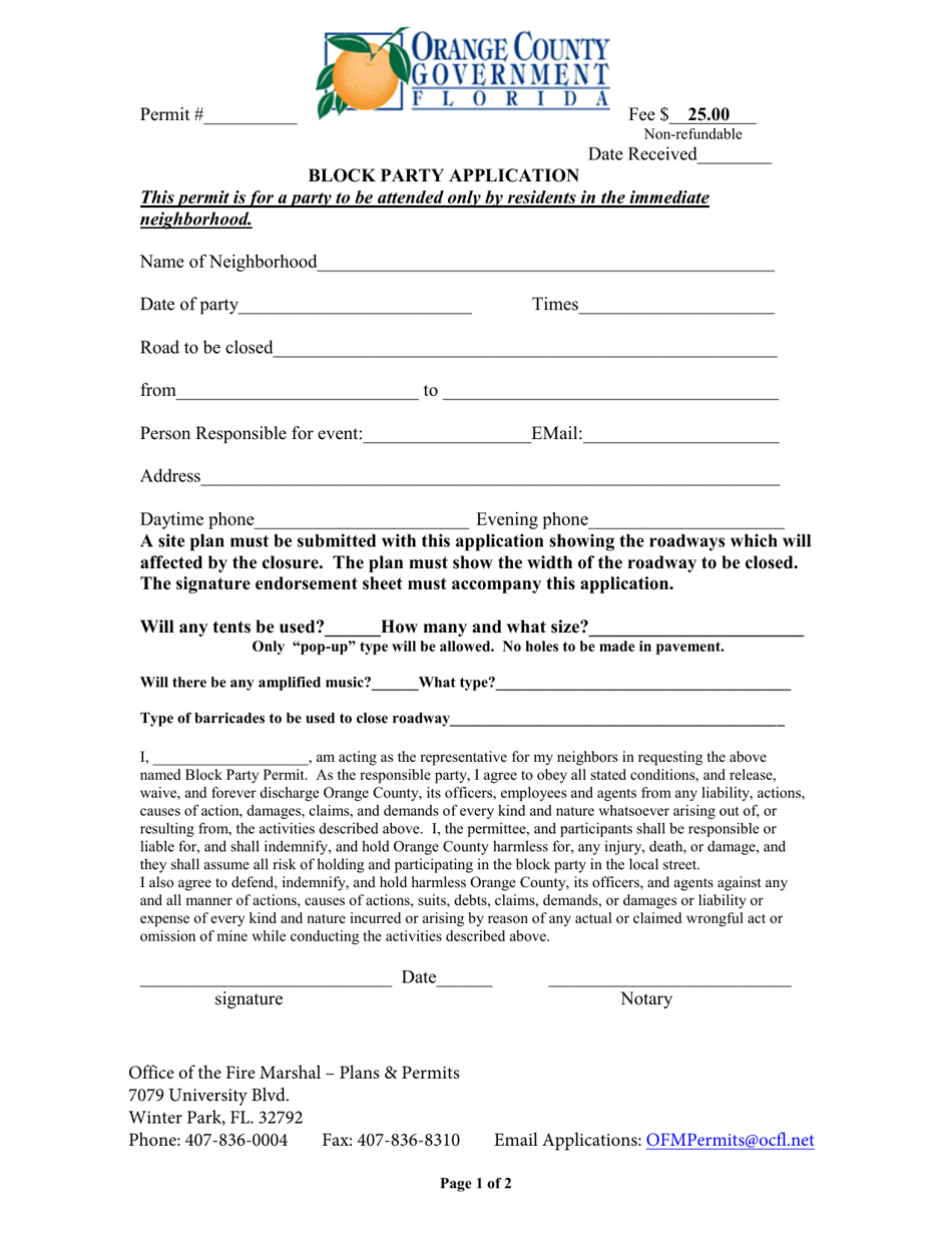 Orange County, Florida Block Party Application - Fill Out, Sign Online ...