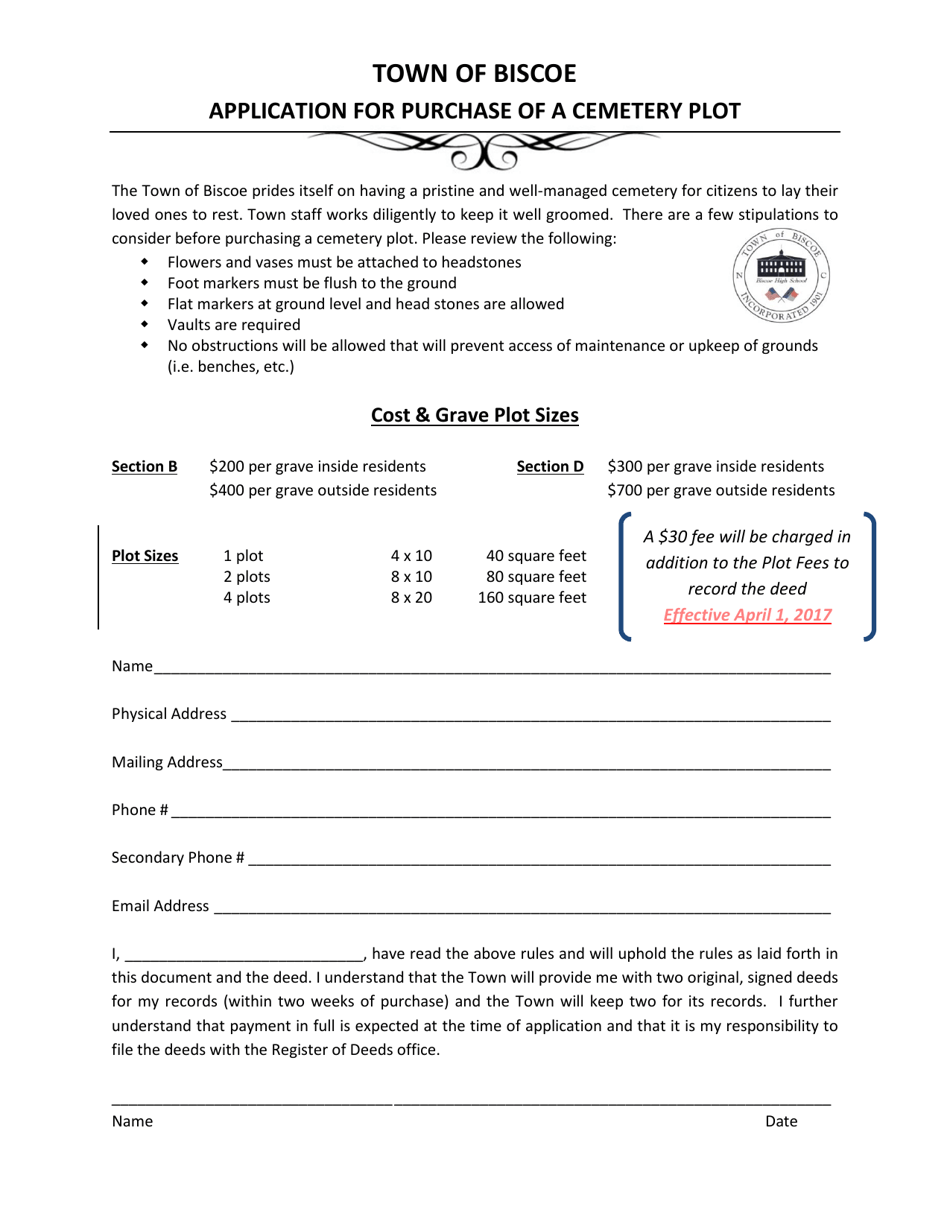 Town of Biscoe, North Carolina Application for Purchase of a Cemetery ...