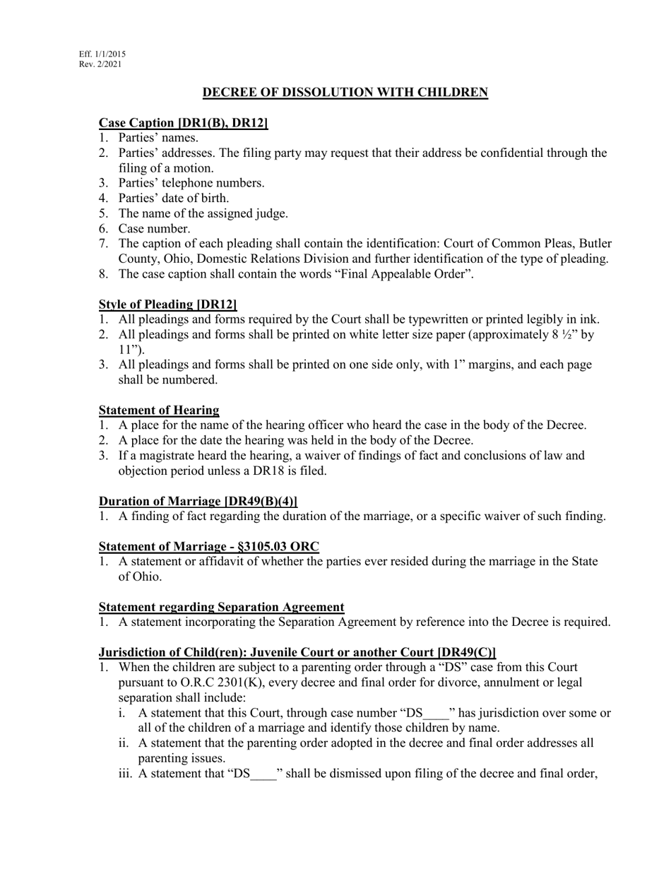 Butler County, Ohio Decree of Dissolution With Children Checklist - Fill Out, Sign Online and ...