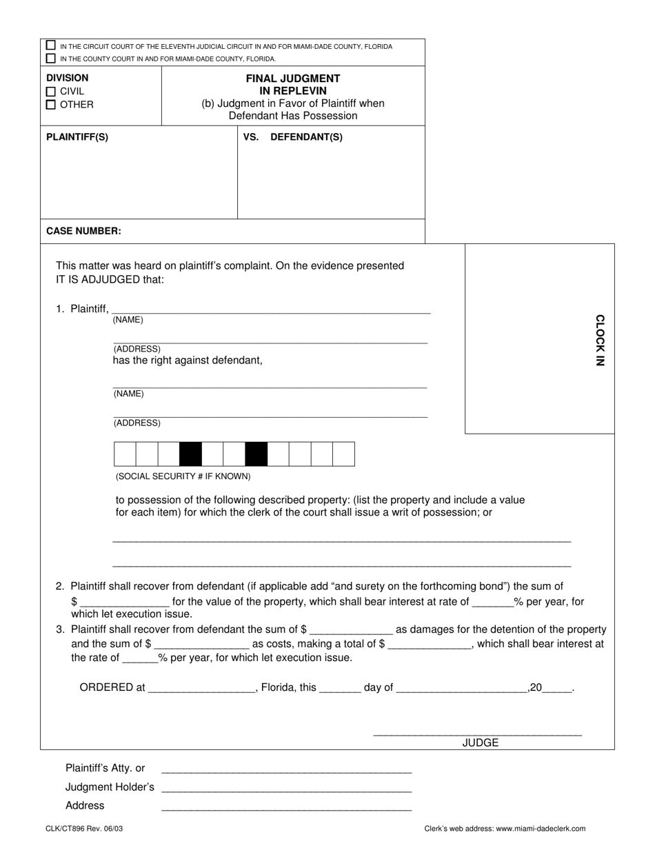 Form CLK/CT896 - Fill Out, Sign Online and Download Fillable PDF, Miami ...
