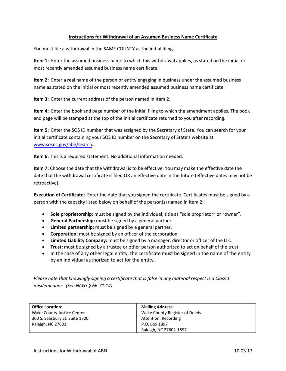 North Carolina Withdrawal Of Assumed Name Certificate Fill Out Sign