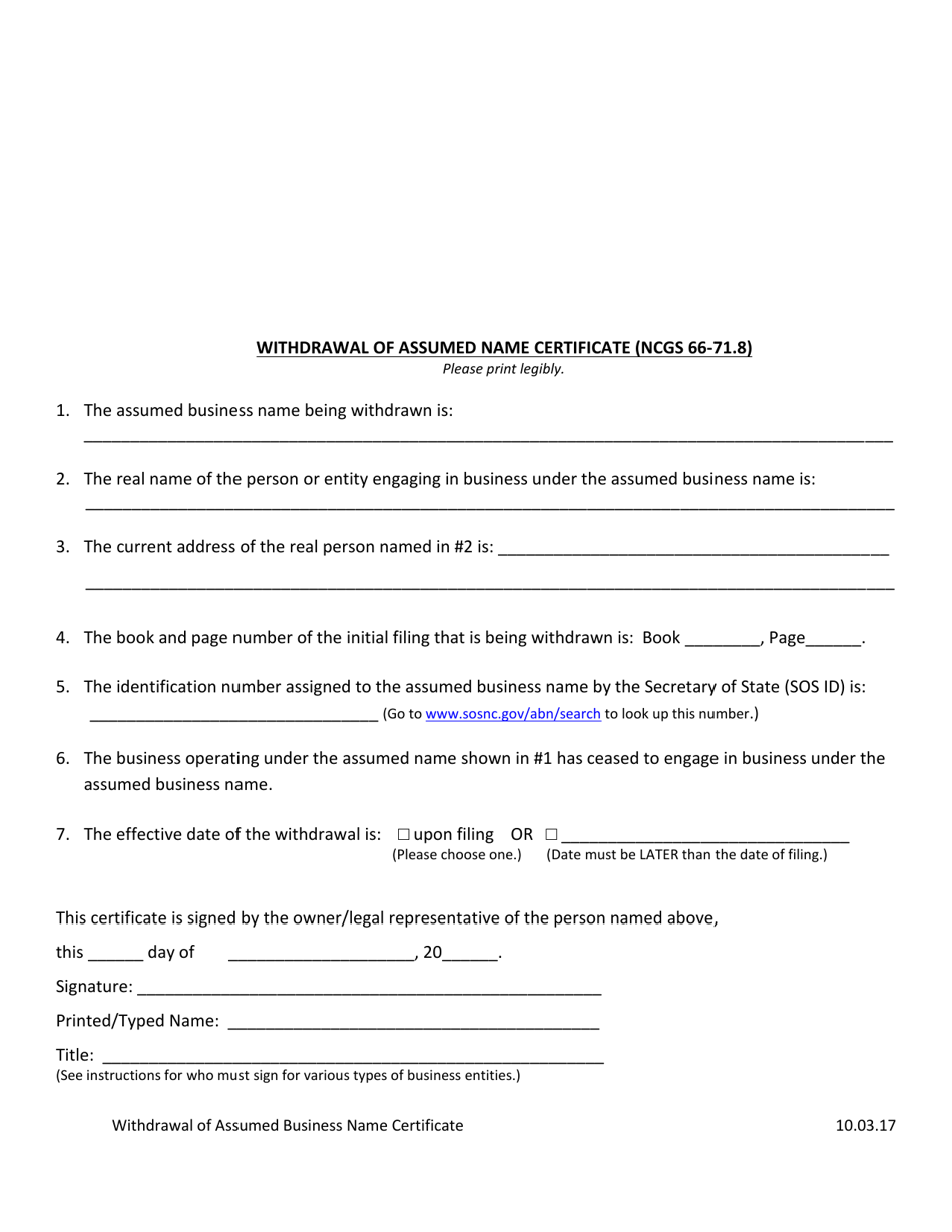 North Carolina Withdrawal Of Assumed Name Certificate Fill Out Sign