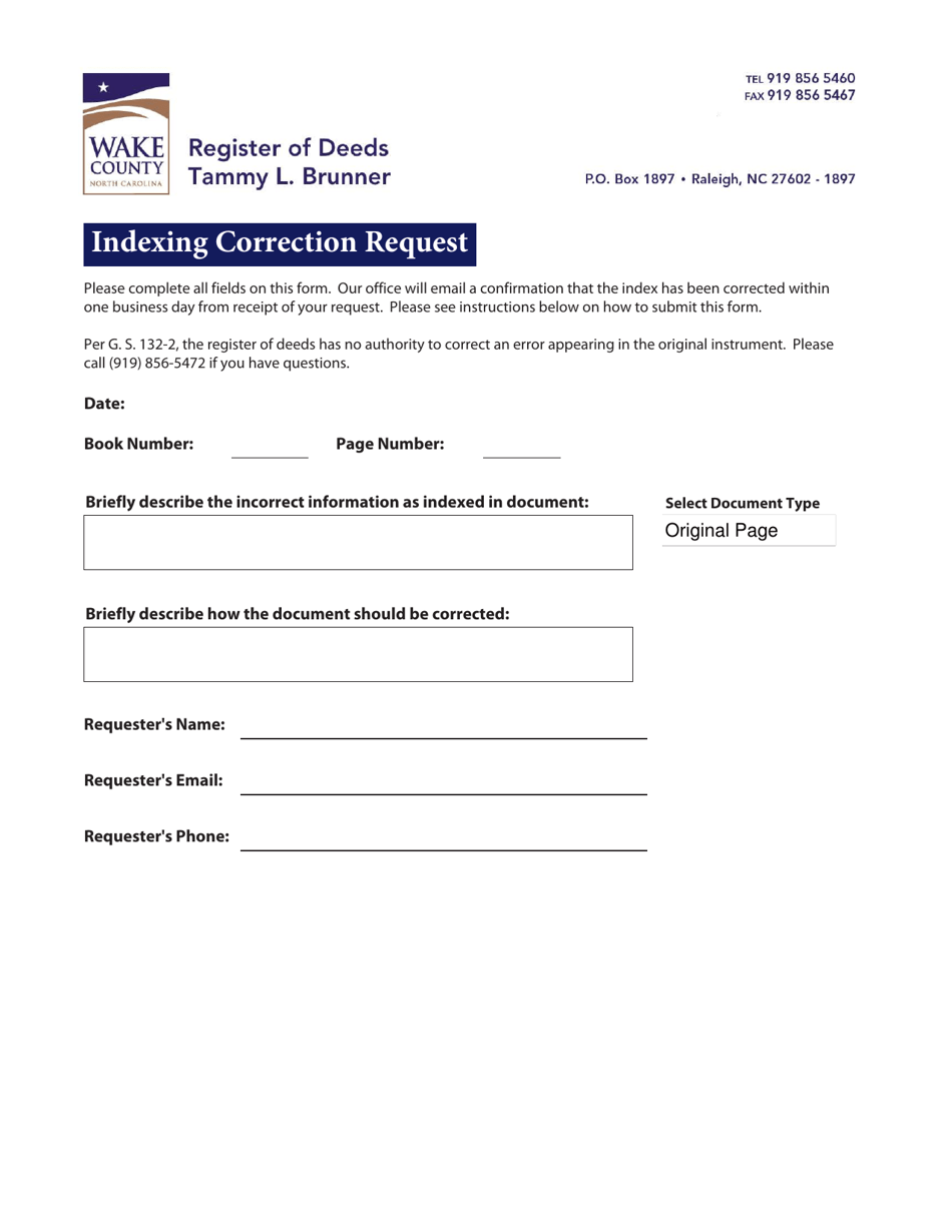 Wake County, North Carolina Indexing Correction Request - Fill Out ...