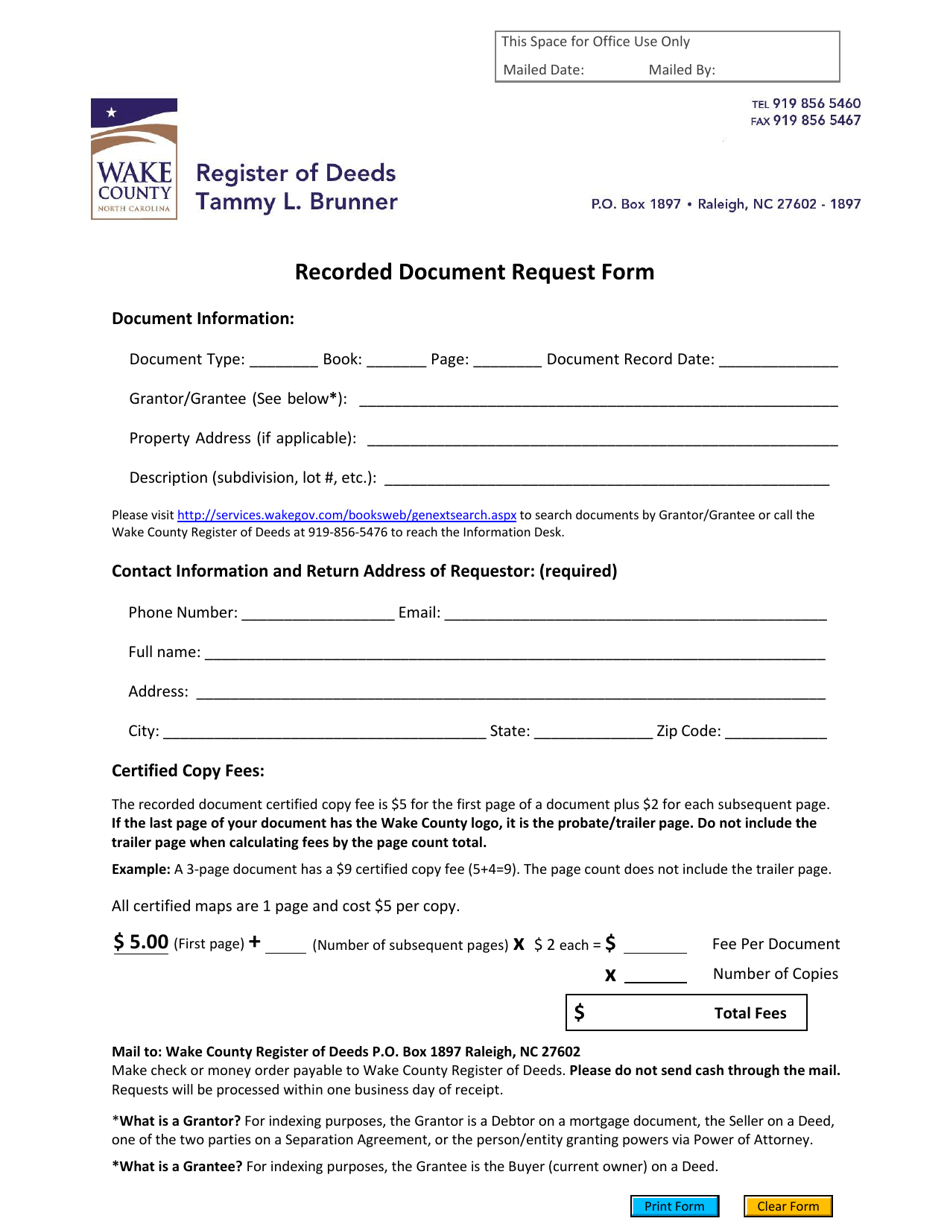 Wake County, North Carolina Recorded Document Request Form - Fill Out ...