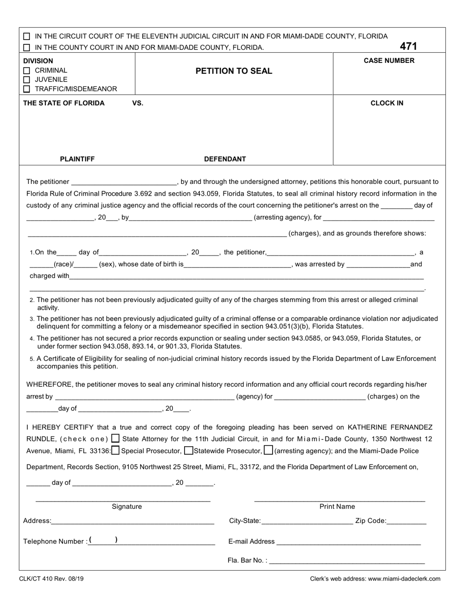 Form CLK/CT410 - Fill Out, Sign Online and Download Fillable PDF, Miami ...